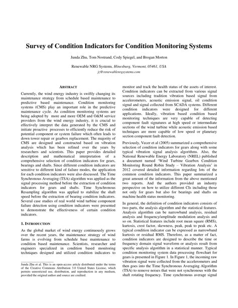PDF Survey Of Condition Indicators For Condition Monitoring Systems