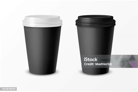 벡터 3d 화이트 와 블랙 뚜껑 흰색 배경에 격리 설정 현실적인 검은 종이 일회용 컵 스톡 벡터 일러스트레이션 디자인 템플릿입니다 전면 보기 일회용 컵에 대한 스톡 벡터