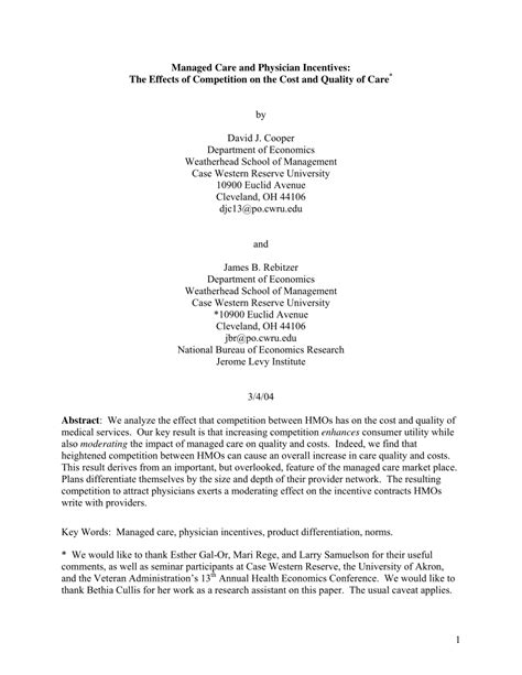 Pdf Managed Care And Physician Incentives The Effects Of Competition