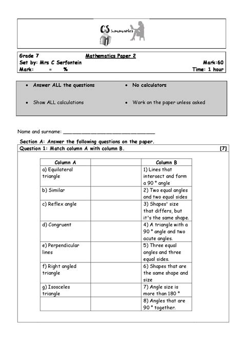Grade 7 Mathematics Tests Term 2 • Teacha