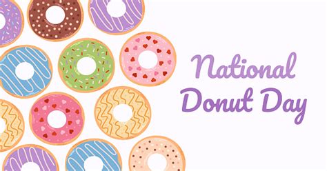 내셔널 도넛 데이 배너 축하 홍보 전단지 다양한 도넛의 평면 만화 삽화 National Doughnut Day에 대한 스톡 벡터