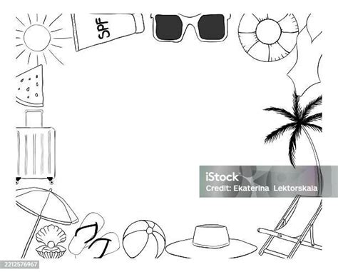 해변 휴가 사각형 프레임 템플릿 텍스트 벡터 그래픽 라인 잉크 그림 샘플 포스터 파티 초대장 휴일 배너 엽서 포장 화장품 직물 카드를 위한 디자인 계절에 대한 스톡 벡터