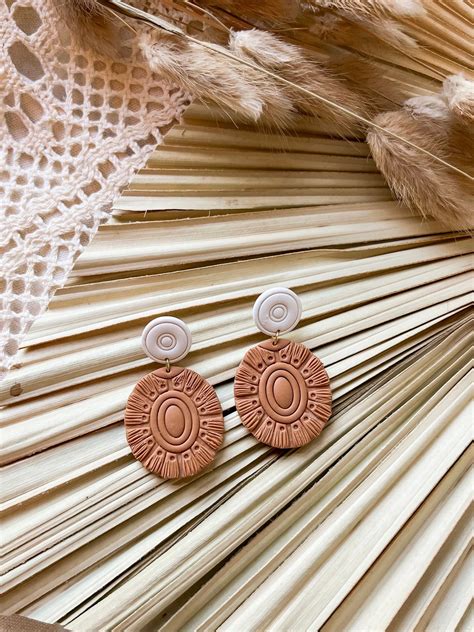 Brown Oval Shaped Polymer Clay Earrings Faux Fringe Boho Neutral