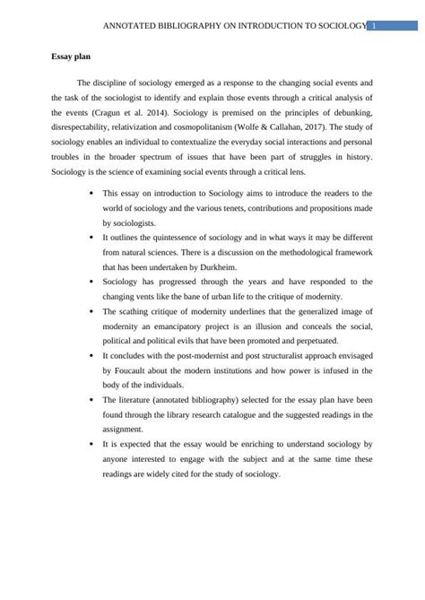 Sociology Research Annotated Bibliography And Essay Plan