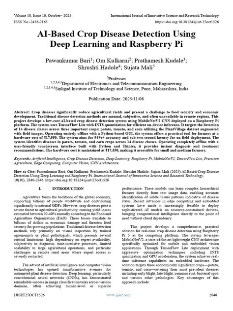 Ai Based Crop Disease Detection Using Deep Learning And Raspberry Pi