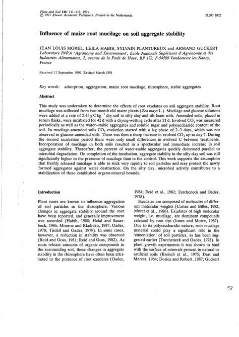 Pdf Influence Of Maize Root Mucilage On Soil Aggregate Stability