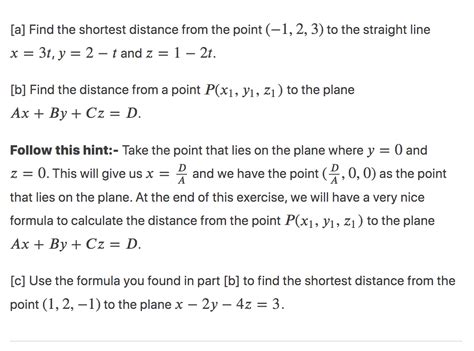 Solved A Find The Shortest Distance From The Point Chegg