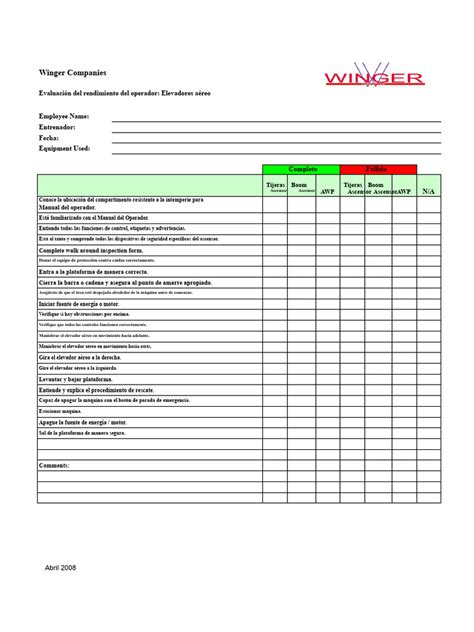 Evaluación Del Rendimiento Del Operador Pdf Ascensor Máquina