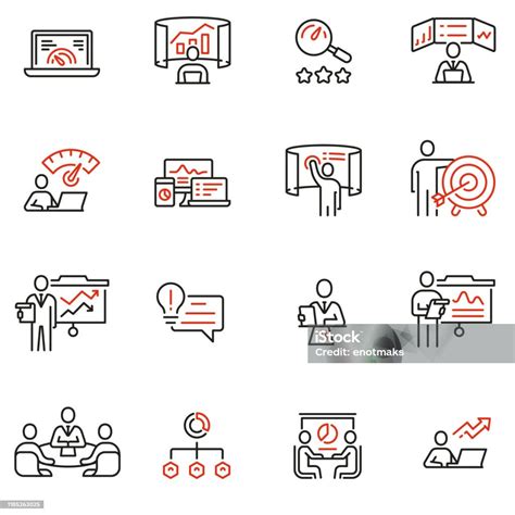 전략 관리 시스템 및 균형 성과 기록표와 관련된 선형 아이콘의 벡터 집합입니다 데이터 분석 및 개발 통계 모노 라인 픽토그램 및 인포그래픽 디자인 요소 아이콘에 대한 스톡