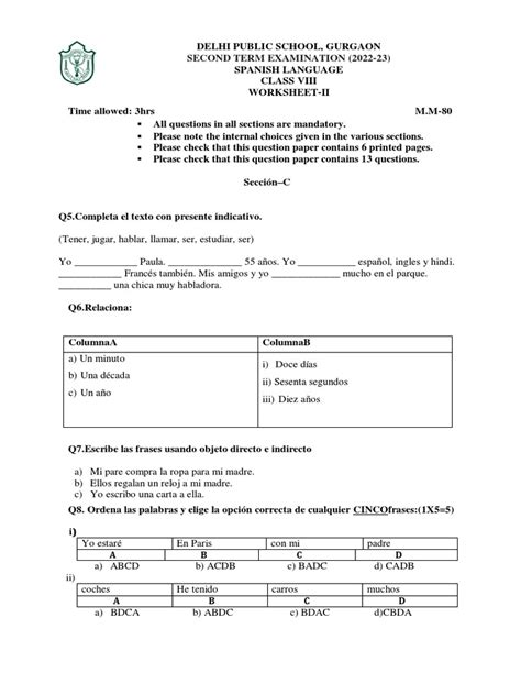 Class 8th Second Term 2022 23 Revision Worksheet 2 Pdf