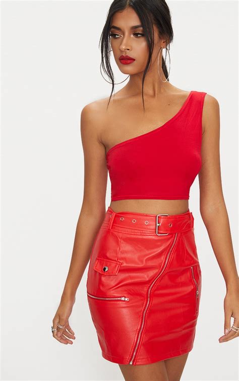 Basic Red Jersey One Shoulder Crop Top Tops Prettylittlething Aus