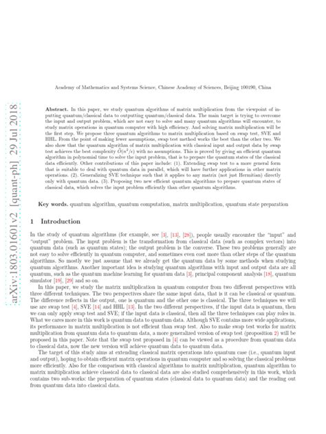 Quantum Algorithms To Matrix Multiplication Pdf