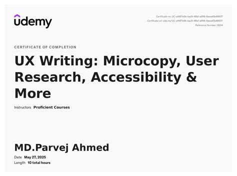 My Course Completion Certificate For Ux Writing Microcopy User Research Accessibility Md