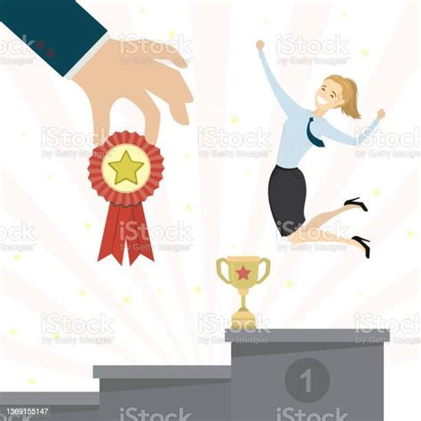 연단에 뛰어 행복한 백인 사업가 또는 사무실 노동자 우승자 컵을 가진 성공적인 직원 큰 손은 메달을 제공합니다 1위에 대한 스톡