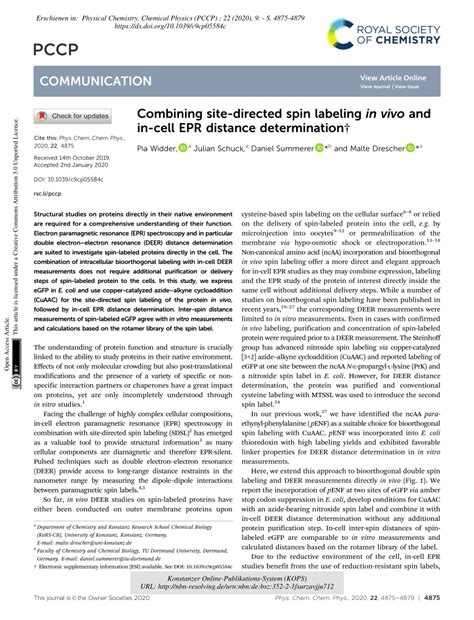 Pdf Combining Site Directed Spin Labeling In Vivo And In Cell Epr Distance Determination