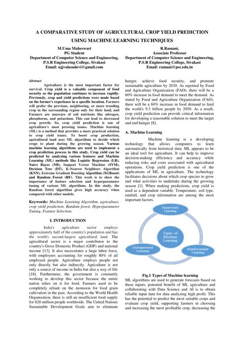 PDF A Comparative Study Of Agricultural Crop Yield Prediction Using Machine Learning Techniques