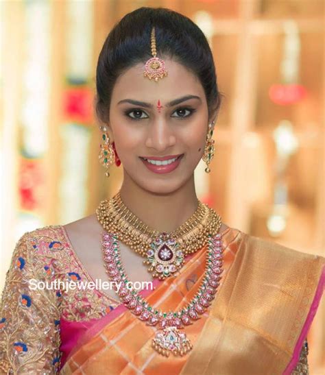 Bride In Antique Gold Necklace And Ruby Mango Mala Indian Jewellery Designs