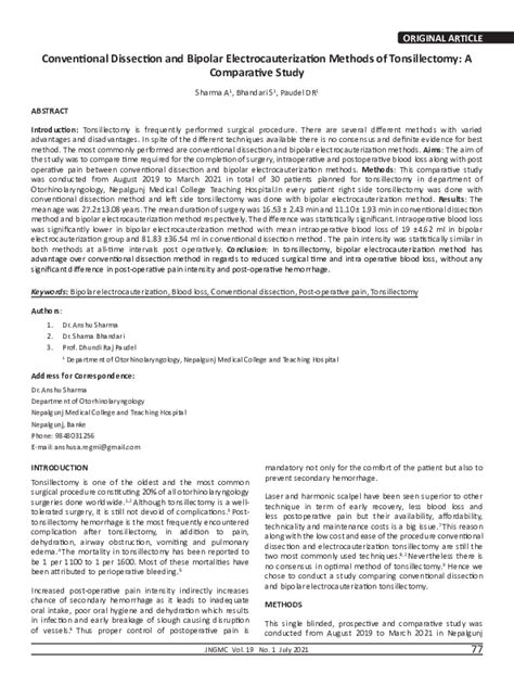 Pdf Conventional Dissection And Bipolar Electrocauterization Methods Of Tonsillectomy A