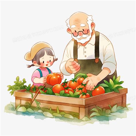 老爷爷和小朋友在种植蔬菜插画PNG图片素材下载 插画PNG 熊猫办公