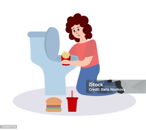 섭식 장애 슬픈 여자는 과체중에 대해 걱정합니다 과식 폭식증 거식증 음식 중독 개념 자신에 대한 거부 만화 평면 벡터 일러스트