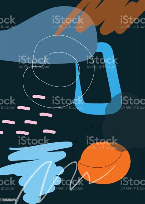 손으로 그린 다양한 파란색 오렌지 네온 모양과 현대 낙서 그림 간단한 벡터 장식 핑크 기하학적 요소입니다 만화 트렌디 한 세트 벽 장식 엽서 또는 브로셔를위한 현대적인
