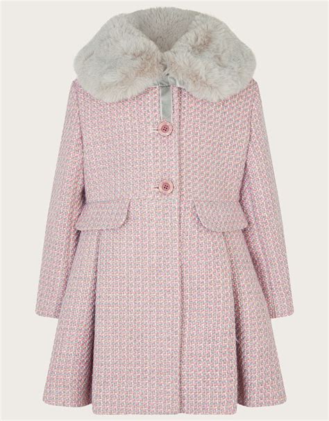 Tweed Faux Fur Collar Coat Grey