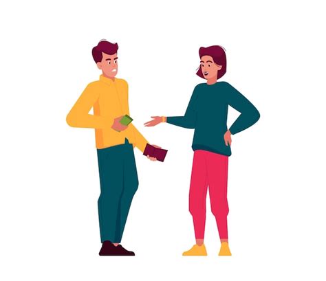 남성과 여성 캐릭터 금융 관계 불만 남편은 아내 만화 벡터 일러스트 레이 션에 급여를 제공합니다 프리미엄 벡터