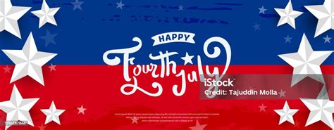7월 4일 해피 미국 미국 사용자 정의 핸드 레터링 빨간색과 파란색 수채화에 리본이 달린 타이포그래피 디자인 3d 별이 있는 그런지 배경 브로셔 포스터 또는 배너용 프로모션