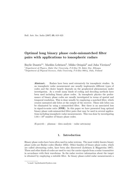 pdf optimal long binary phase code mismatched filter pairs with