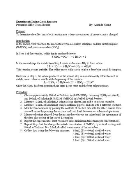 Iodine Clock Lab Pdf Iodine Chemistry