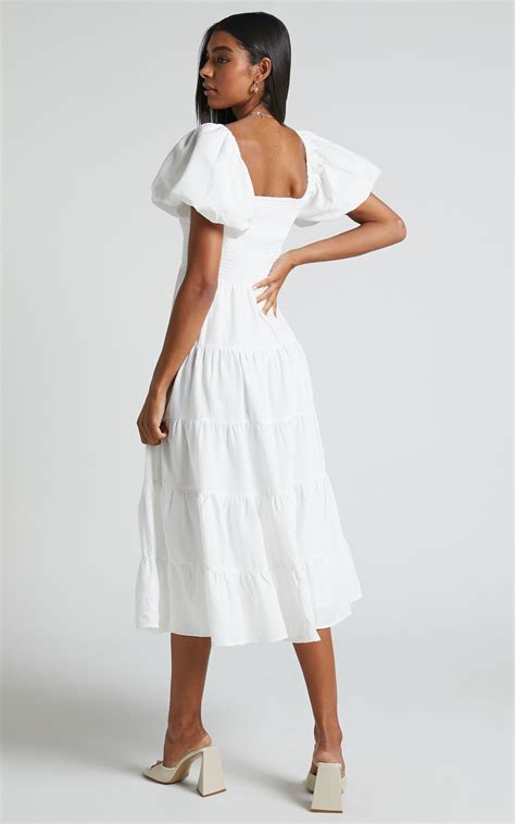 Maxima Midi Dress Puff Sleeve Shirred Bodice Tiered Dress In White