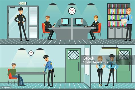 경찰서 내부 경찰관 작업 및 경찰서 벡터 일러스트에서 용의자를 심문 경찰관에 대한 스톡 벡터 아트 및 기타 이미지 경찰관 독일 사무실 Istock