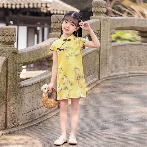 중국전통옷 여름 옷 짧은 소매 Cheongsam 슬림 드레스 소녀 전통 Hanfu 중국 스 티몬