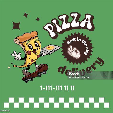 피자 배달 포스터 디자인 템플릿입니다 트렌디한 복고풍 그루비 마스코트 피자 캐릭터 레스토랑 전단지 및 브로셔에 가장 적합합니다 벡터 일러스트 레이 션 가공의 인물에 대한