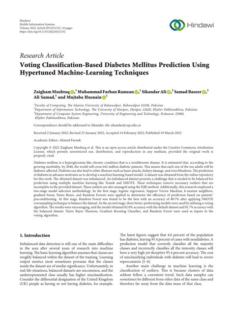 Pdf Voting Classification Based Diabetes Mellitus Prediction Using Hypertuned Machine Learning