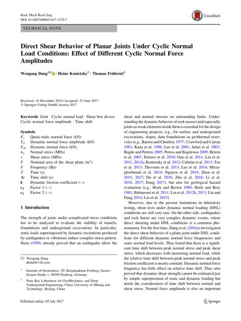 Pdf Direct Shear Behavior Of Planar Joints Under Cyclic Normal Load Conditions Effect Of