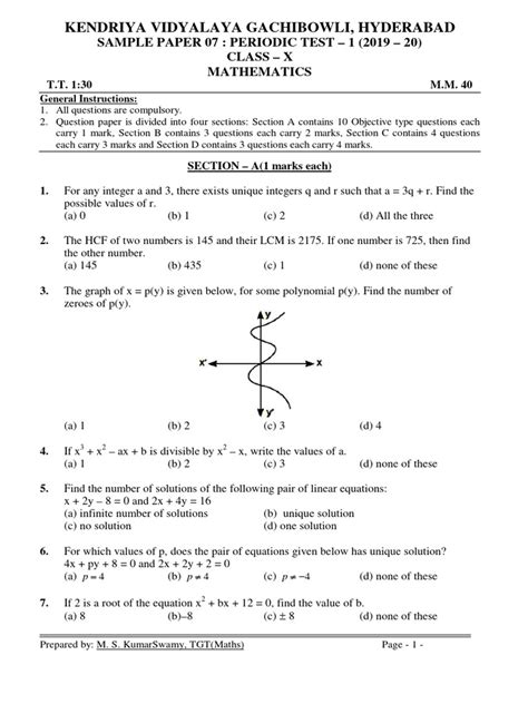 Maths X Periodic Test 1 Sample Paper 07 2019 Download Free Pdf