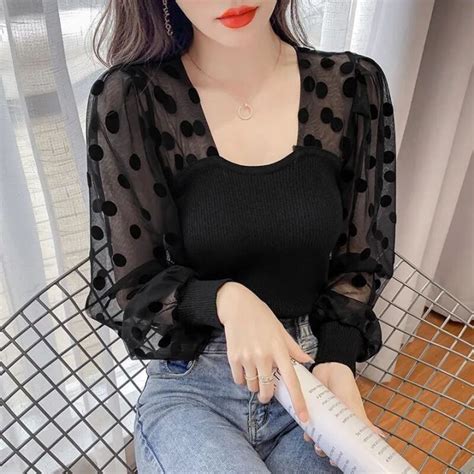 Plus Size Mesh Chiffon Shirt Long Sleeve Puff Sleeve French Slim Polka