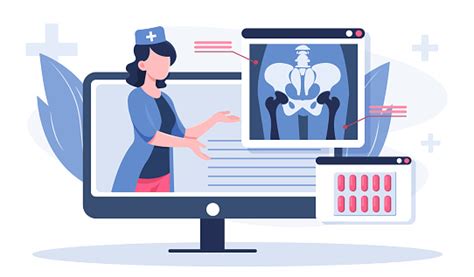 정형외과 의사 온라인 알약과 골반 엑스레이 근처의 의료 유니폼을 입은 여자 건강 관리 및 의학 병원 직업 평면 벡터 일러스트 레이 션 X 레이에 대한 스톡 벡터 아트 및