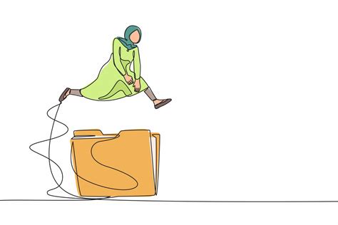 Single Continuous Line Drawing Arab Businesswoman Jumping Over Big Folder Icon Document File