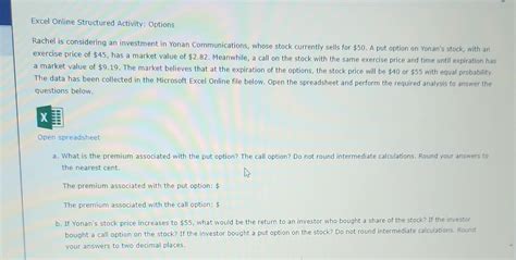 Excel Online Structured Activity Options Rachel Is Chegg Com