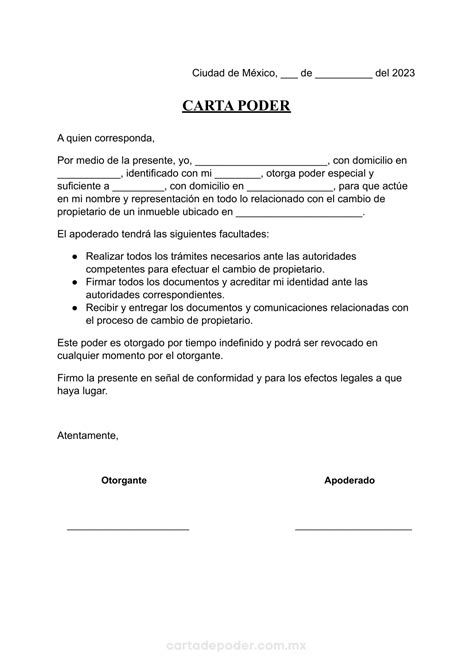 ᐅ Carta Poder para Cambio de Propietario CDMX Word y PDF