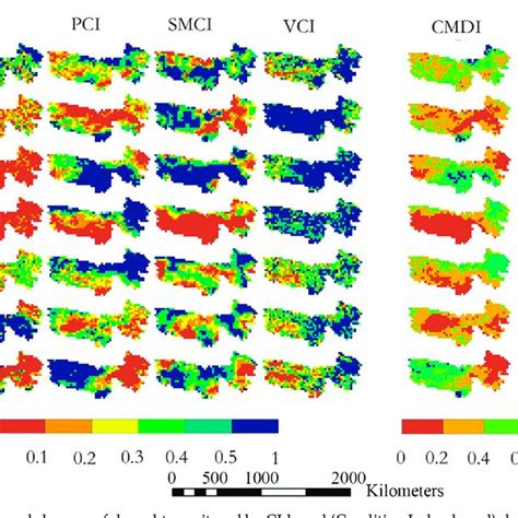 Spatial Distribution Of Drought Monitored By Ci Based Drought Indices Download Scientific