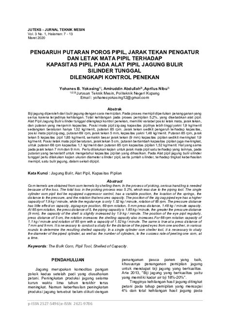 Pdf Pengaruh Putaran Poros Pipil Jarak Tekan Pengatur Dan Letak Mata