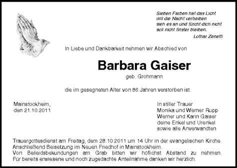 Barbara Gaiser Traueranzeige Frankende