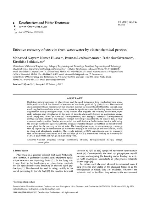 Pdf Effective Recovery Of Struvite From Wastewater By Electrochemical