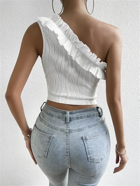 One Shoulder Ruffle Trim Crop Top ⋆ Womens Store