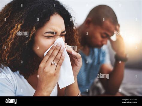 Sick Woman And Blowing Nose With Flu In Home For Allergy Season And