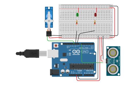 Circuit Design Servomotor Controlado Por Un Sensor Y Dos Leds Tinkercad