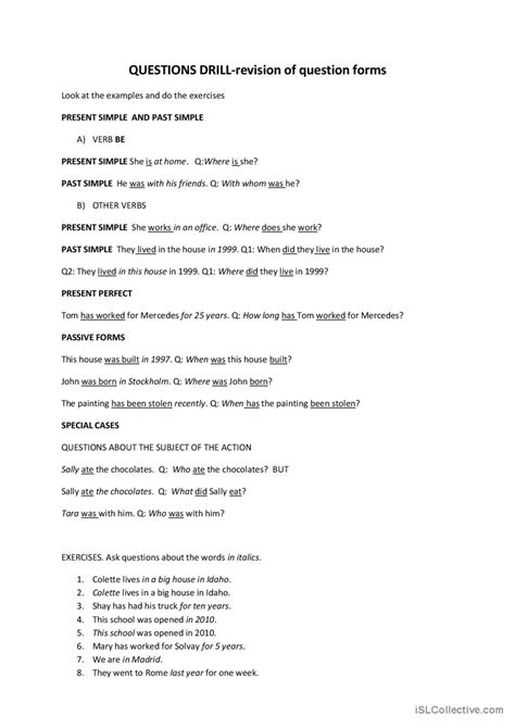 Questions Drill General Gramma… English Esl Worksheets Pdf And Doc